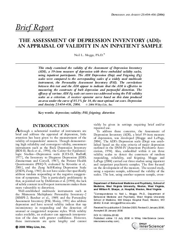 (PDF) The Assessment of Depression Inventory (ADI): an appraisal of ...