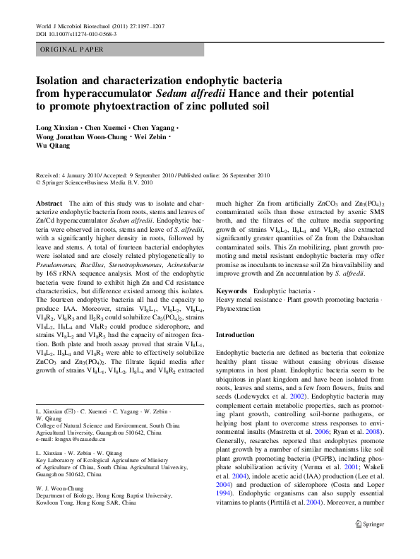(PDF) Isolation and characterization endophytic bacteria from hyperaccumulator Sedum alfredii ...