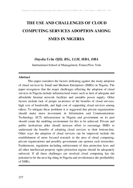(PDF) The Use and Challenges of Cloud Computing Services Adoption Among Smes in Nigeria