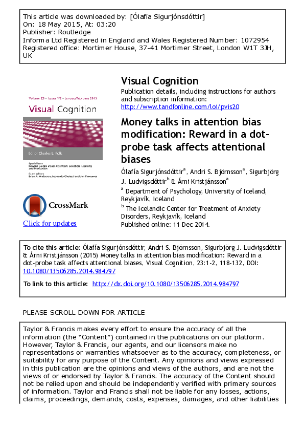 Pdf Money Talks In Attention Bias Modification Reward In A Dot Probe Task Affects Attentional