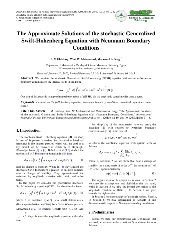 (PDF) The Approximate Solutions of the stochastic Generalized Swift-Hohenberg Equation with ...
