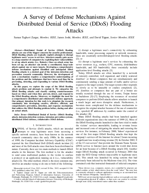 (PDF) A Survey of Defense Mechanisms Against Distributed Denial of Service (DDoS) Flooding Attacks