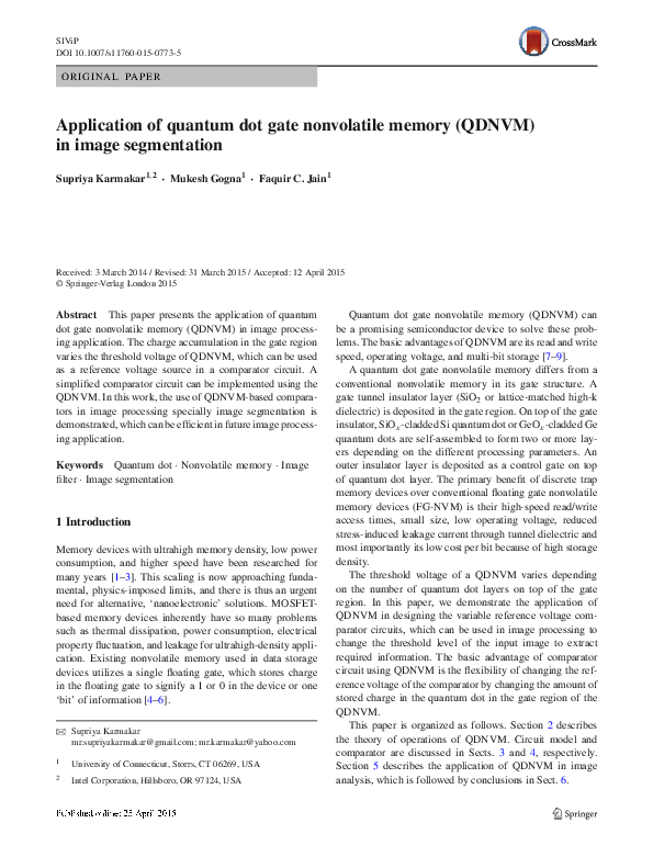 Pdf Application Of Quantum Dot Gate Nonvolatile Memory Qdnvm In Image Segmentation