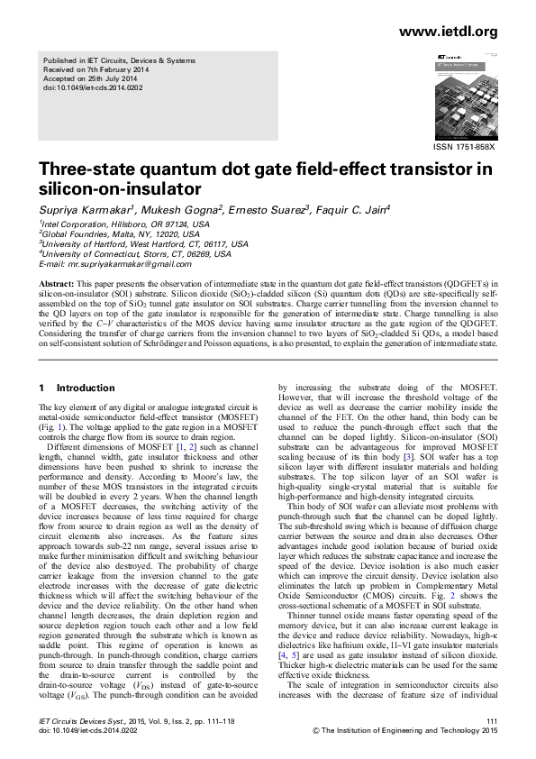 (PDF) Three‐state quantum dot gate field‐effect transistor in silicon‐on‐insulator