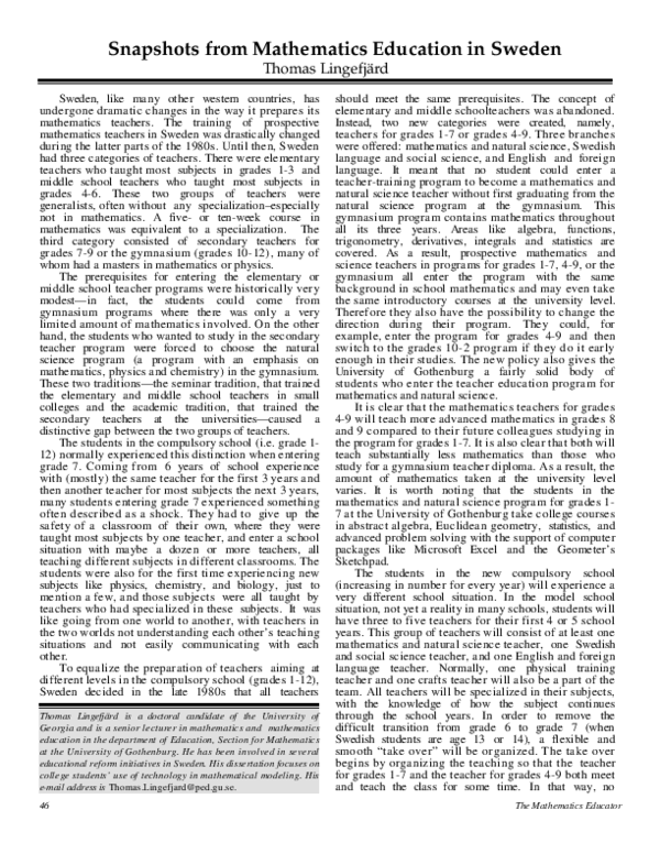 (PDF) Snapshots from Mathematics Education in Sweden