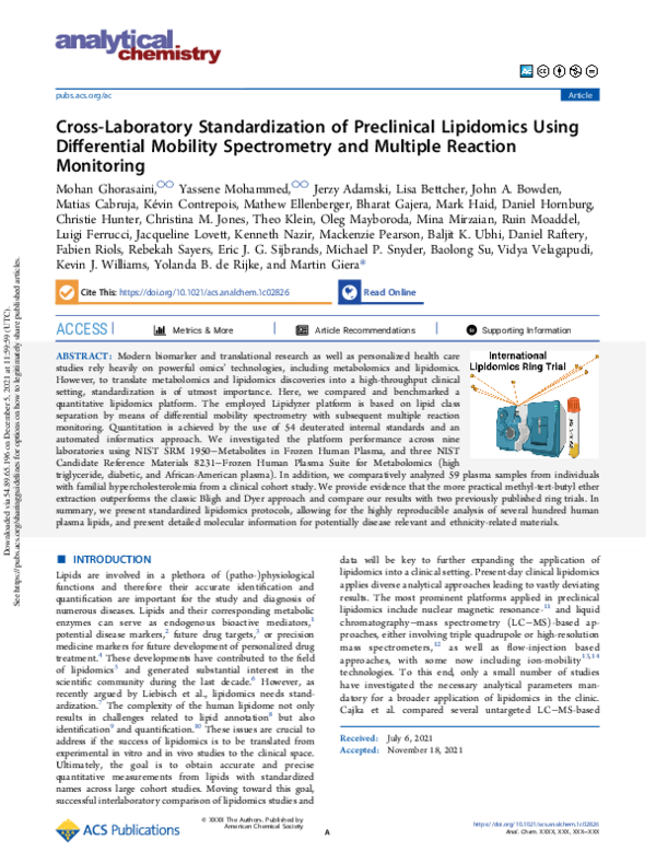 (PDF) Cross-Laboratory Standardization of Preclinical Lipidomics Using ...