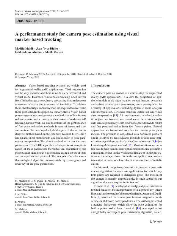 (PDF) A performance study for camera pose estimation using visual marker based tracking