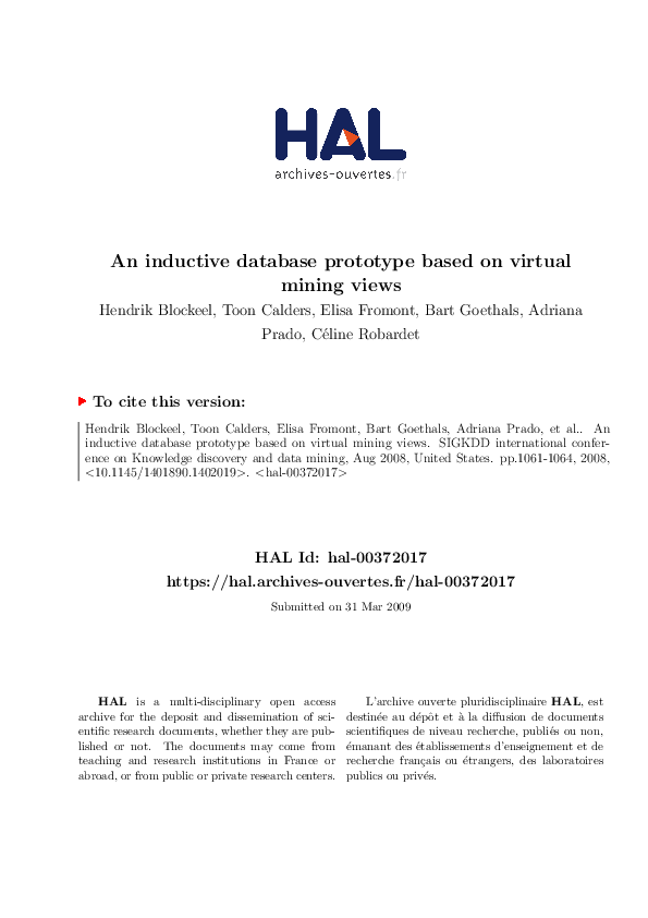 Pdf An Inductive Database Prototype Based On Virtual Mining Views