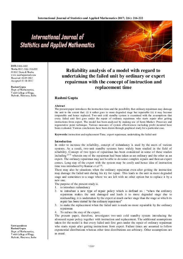 (PDF) Reliability analysis of a model with regard to undertaking the failed unit by ordinary or ...