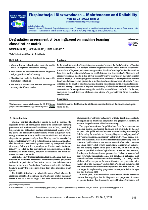 (PDF) Degradation assessment of bearing based on machine learning ...