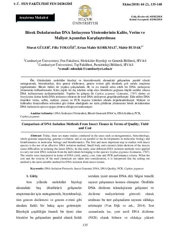 (PDF) Comparison of DNA Isolation Methods From Insect Tissues in Terms ...