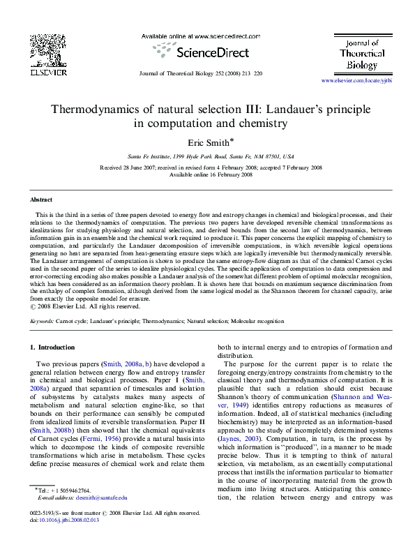 (PDF) Thermodynamics of natural selection III: Landauer's principle in computation and chemistry