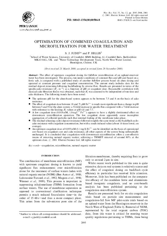 (PDF) Optimisation of combined coagulation and microfiltration for water treatment