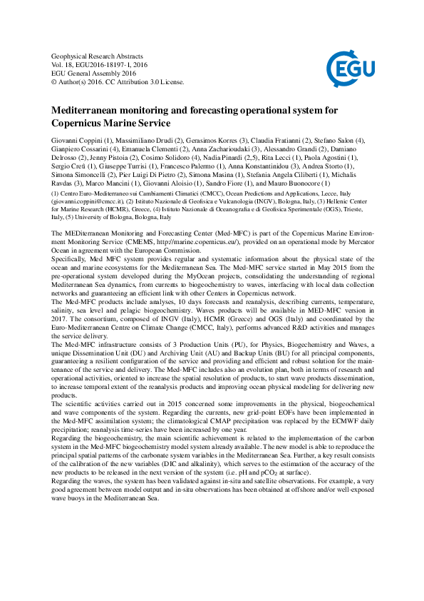 Pdf Mediterranean Monitoring And Forecasting Operational System For Copernicus Marine Service