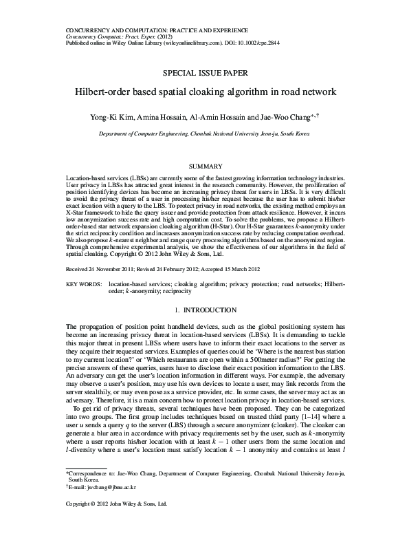Pdf Hilbert Order Based Spatial Cloaking Algorithm In Road Network