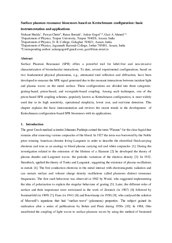 (PDF) Surface Plasmon Resonance Biosensors Based on Kretschmann Configuration: Basic ...