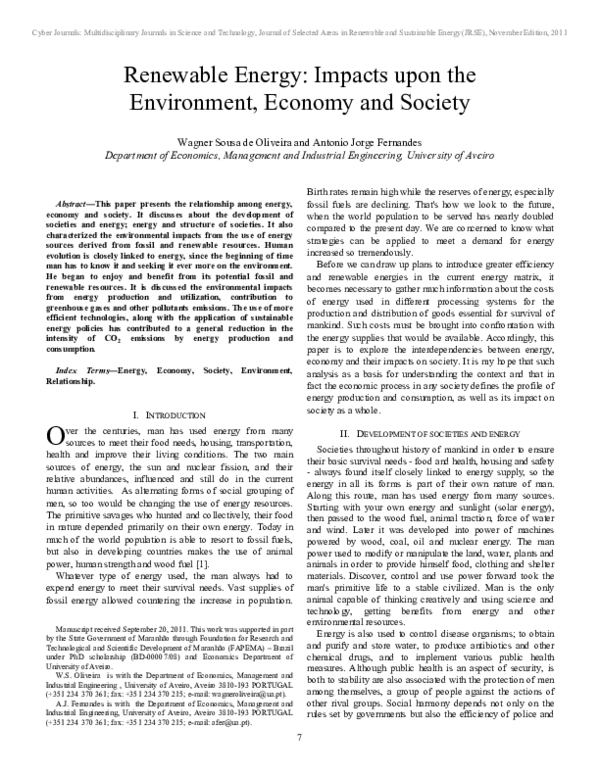 (PDF) Renewable Energy: Impacts upon the Environment, Economy and Society