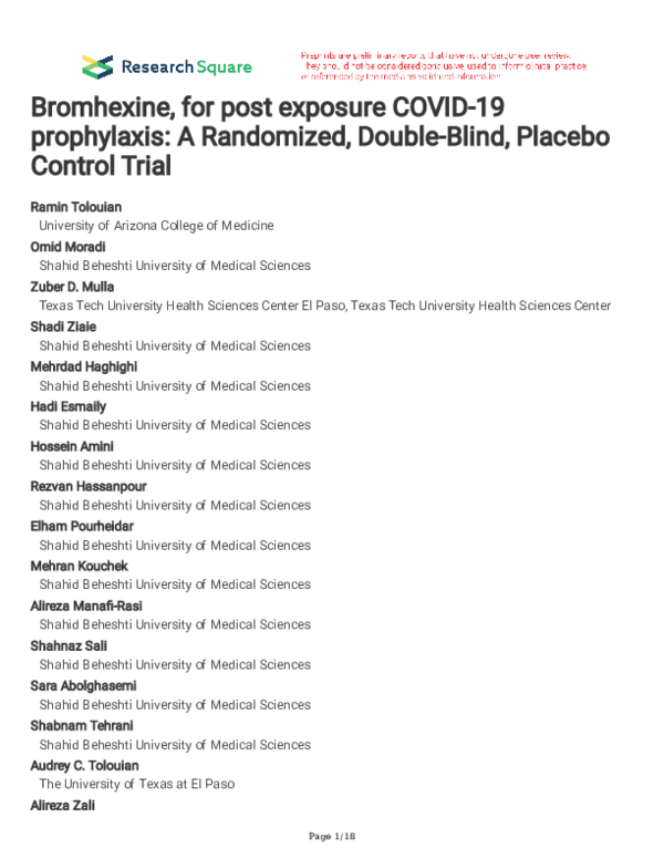 (PDF) Bromhexine, for Post Exposure COVID-19 Prophylaxis: A Randomized, Double-Blind, Placebo ...