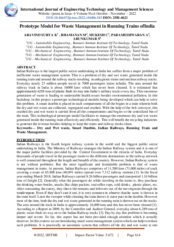 (PDF) Prototype Model for Waste Management in Running Trains ofIndia