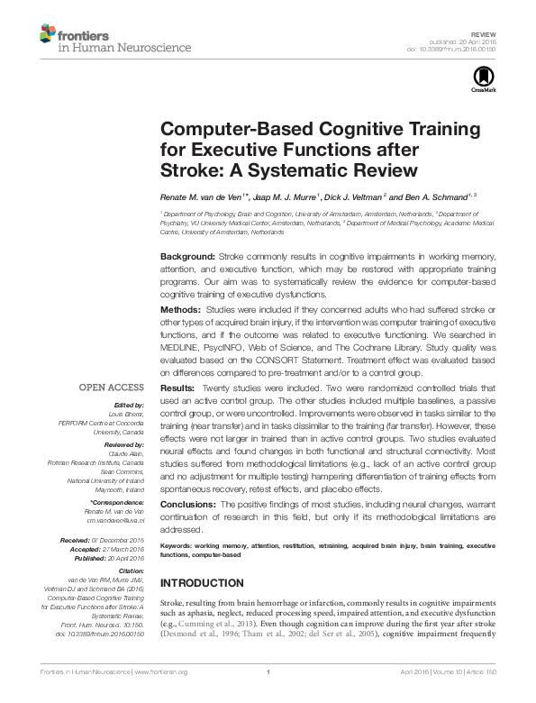 (PDF) Computer-Based Cognitive Training for Executive Functions after Stroke: A Systematic Review