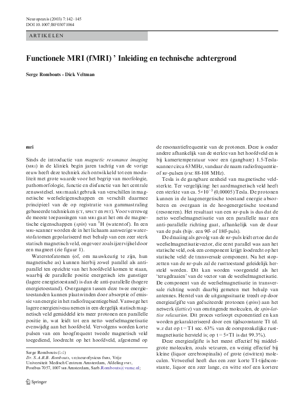 (PDF) Functionele MRI (fMRI) ’ Inleiding en technische achtergrond
