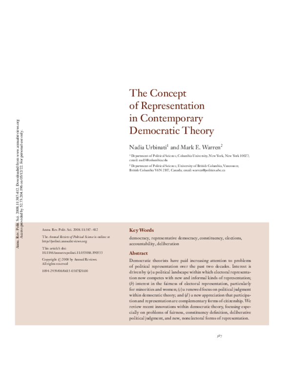 (PDF) The Concept of Representation in Contemporary Democratic Theory
