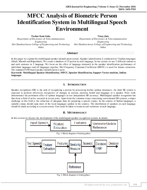 (PDF) MFCC Analysis of Biometric Person Identification System in Multilingual Speech Environment