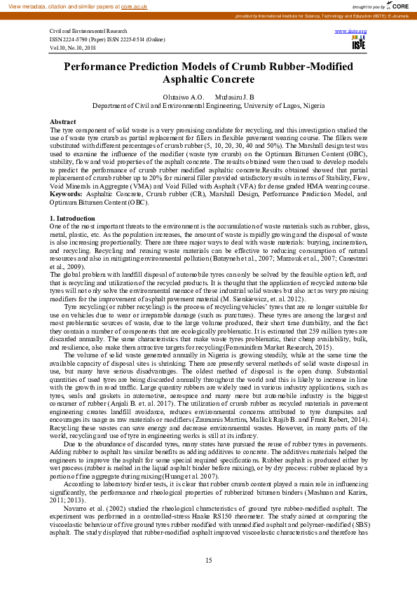 (PDF) Performance Prediction Models of Crumb Rubber-Modified Asphaltic Concrete