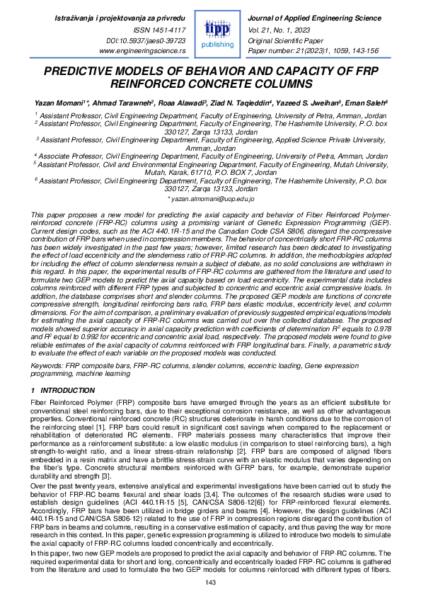 (PDF) Predictive Models of Behavior and Capacity of FRP Reinforced Concrete Columns