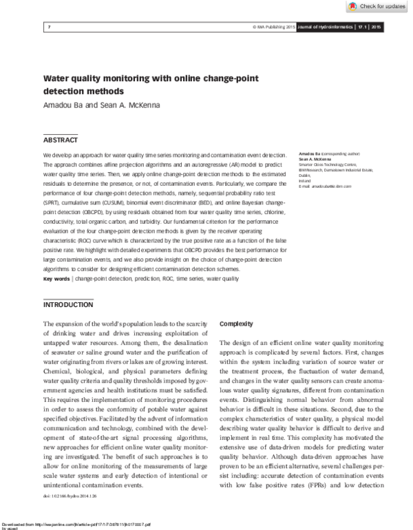 (PDF) Water quality monitoring with online change-point detection methods
