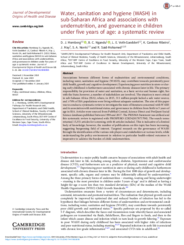 (PDF) Water, sanitation and hygiene (WASH) in sub-Saharan Africa and ...