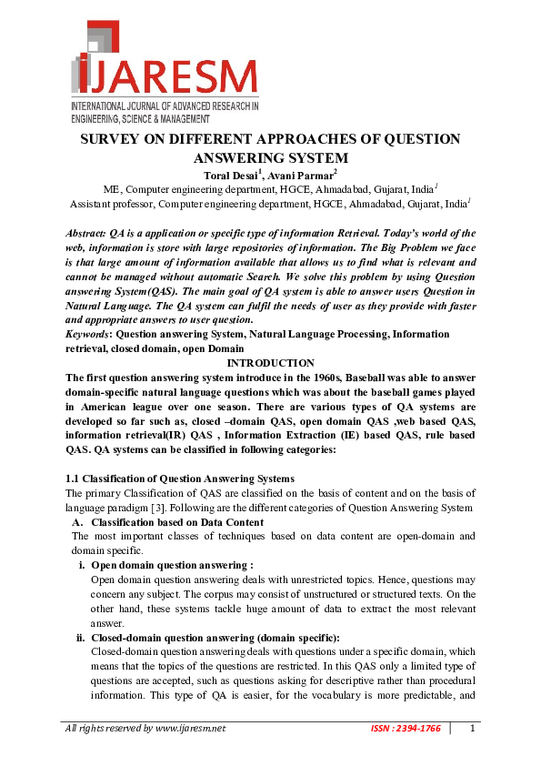 (PDF) Survey on Different Approaches of Question Answering System