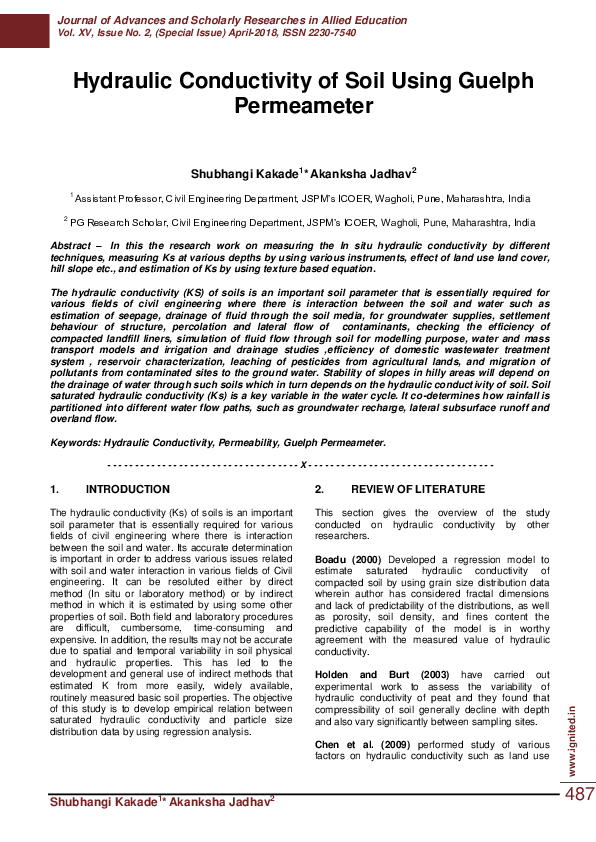 (PDF) Hydraulic Conductivity of Soil Using Guelph Permeameter ...