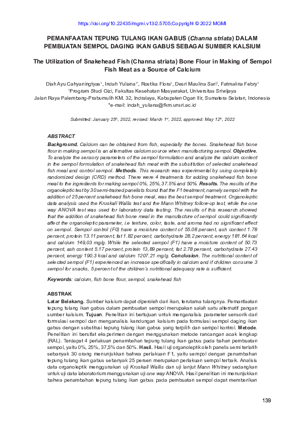 (PDF) PEMANFAATAN TEPUNG TULANG IKAN GABUS (Channa striata) DALAM PEMBUATAN SEMPOL DAGING IKAN ...