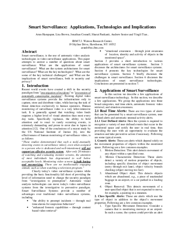 (PDF) Smart surveillance: applications, technologies and implications