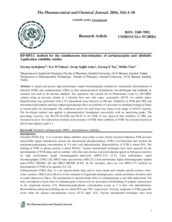 (PDF) CODEN(USA): PCJHBA RP-HPLC method for the simultaneous determination of carbamazepine and ...