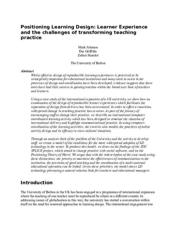 (PDF) Positioning Learning Design: Learner Experience and the challenges of transforming ...