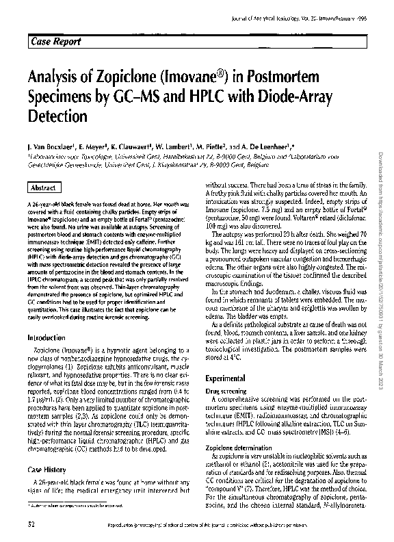 (PDF) Analysis of Zopiclone (Imovane®) in Postmortem Specimens by GC-MS and HPLC with Diode ...