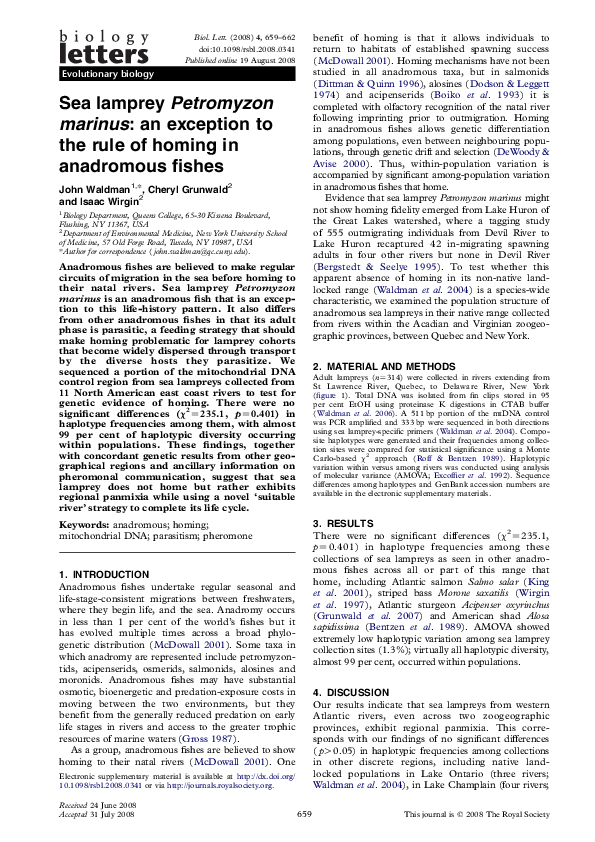 (PDF) Sea lampreyPetromyzon marinus: an exception to the rule of homing ...