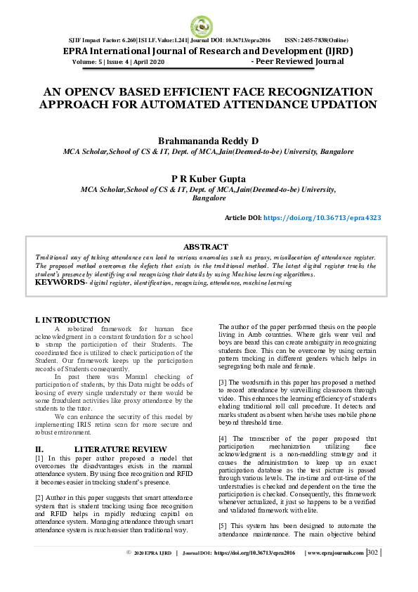 Pdf An Opencv Based Efficient Face Recognization Approach For Automated Attendance Updation