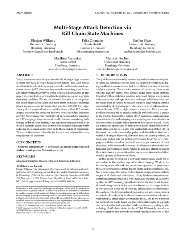 (PDF) Multi-Stage Attack Detection via Kill Chain State Machines | Felix Ortmann - Academia.edu