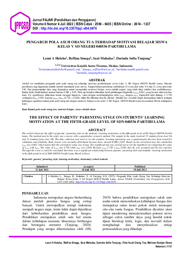 (PDF) Pengaruh Pola Asuh Orang Tua Terhadap Motivasi Belajar Siswa Kelas V SD Negeri 040536 ...