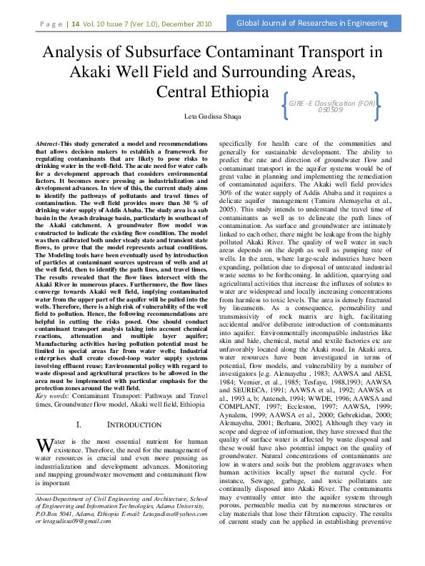 (PDF) Analysis of Subsurface Contaminant Transport in Akaki Well Field ...