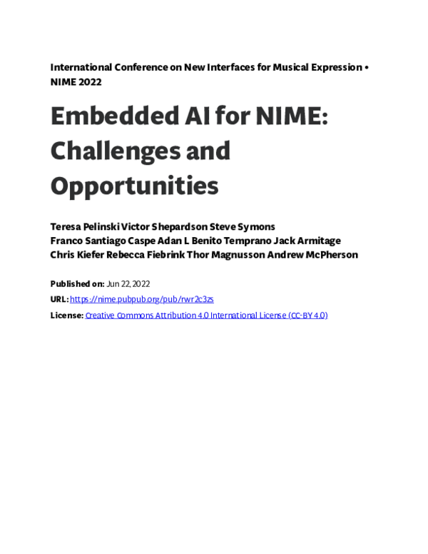(PDF) Embedded AI for NIME: Challenges and Opportunities