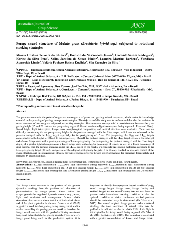 (PDF) Forage sward structure of Mulato grass (Brachiaria hybrid ssp ...
