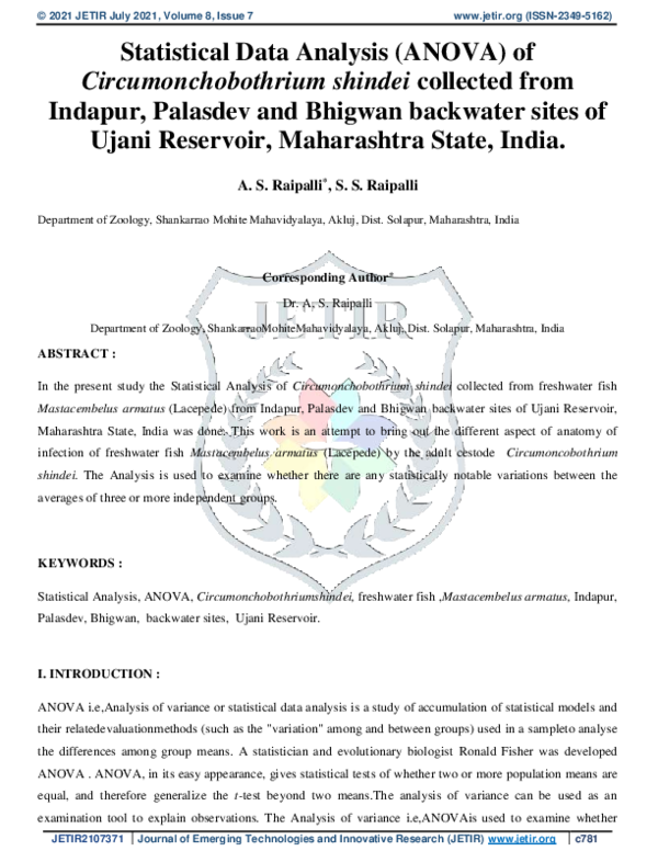 (PDF) Statistical Data Analysis (ANOVA) of Circumonchobothrium shindei collected from Indapur ...