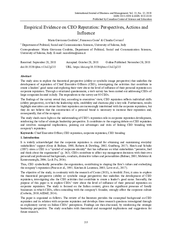 (PDF) Empirical Evidence on CEO Reputation: Perspectives, Actions and ...