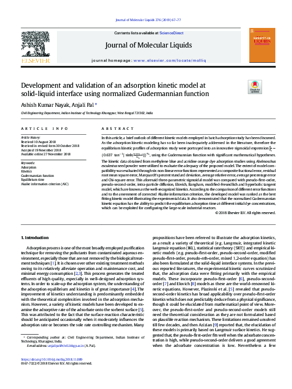 (PDF) Development and validation of an adsorption kinetic model at solid-liquid interface using ...