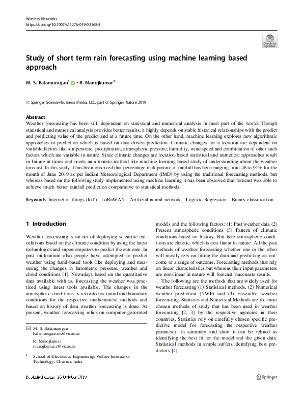 (PDF) Study of short term rain forecasting using machine learning based approach