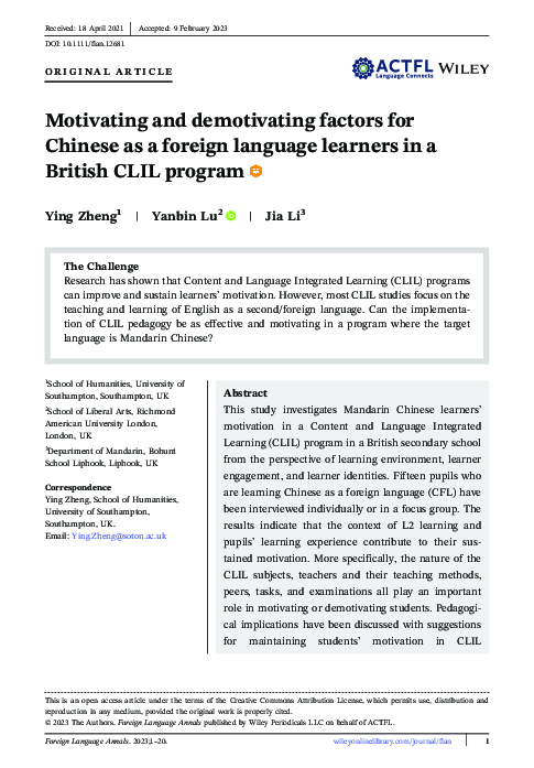 (PDF) Motivating and demotivating factors for Chinese as a foreign ...